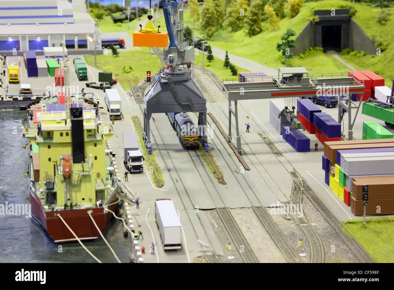 model of railroad station and sea port. ship, railroad, train ...