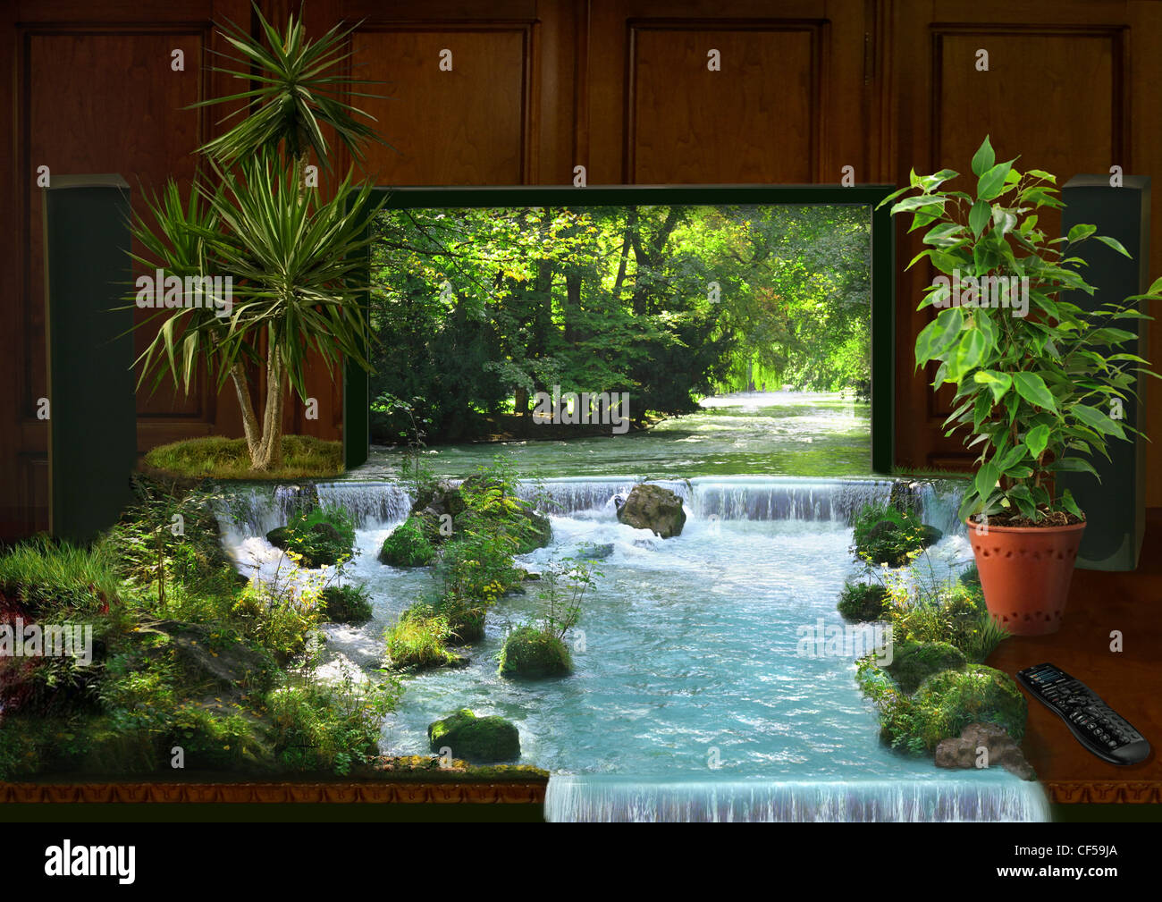 tv interior and waterfall collage Stock Photo - Alamy