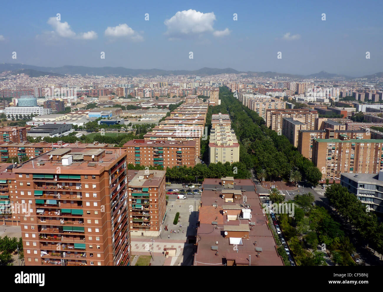Aerial view of red buildings and streets in Barcelona, Spain Stock ...
