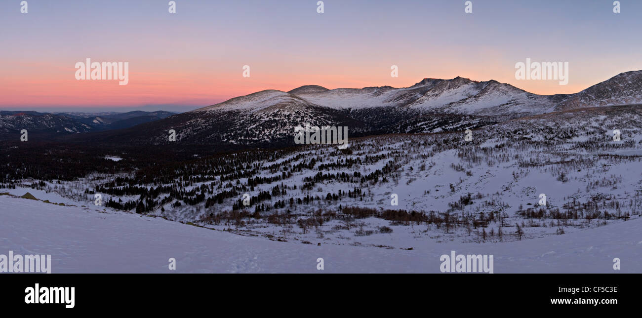Snow rocks and taiga forest in Siberia mountains. Kuznetskiy Alatau ...