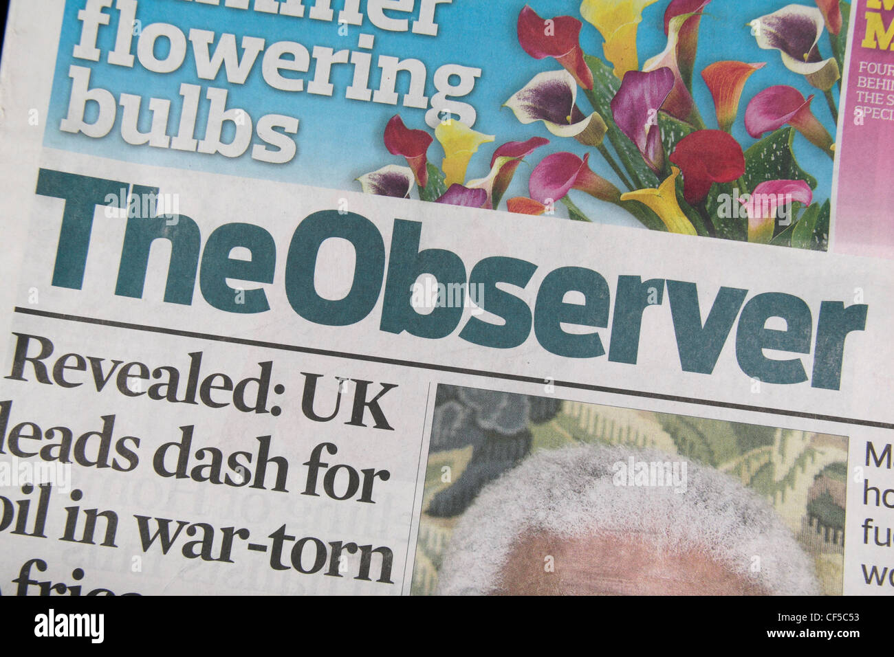 The front page of The Observer,a British national Sunday newspaper ...