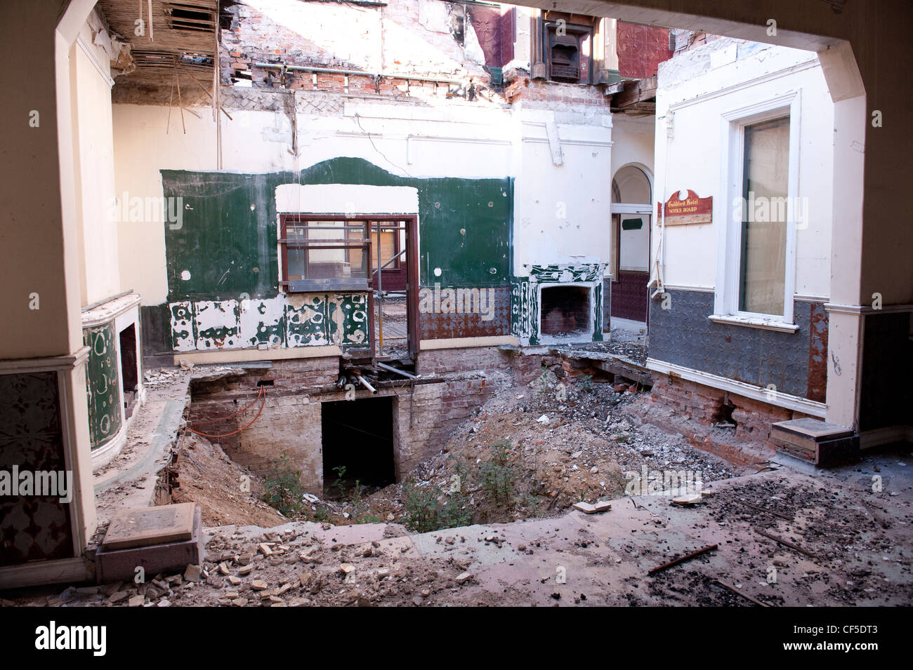 Interior view of arson damaged Guildford Hotel, showing floor above ...