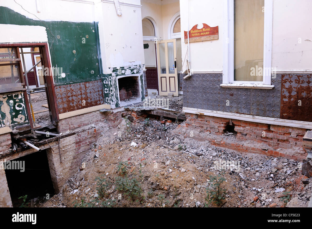 Interior view of arson damaged Guildford Hotel, showing floor above ...