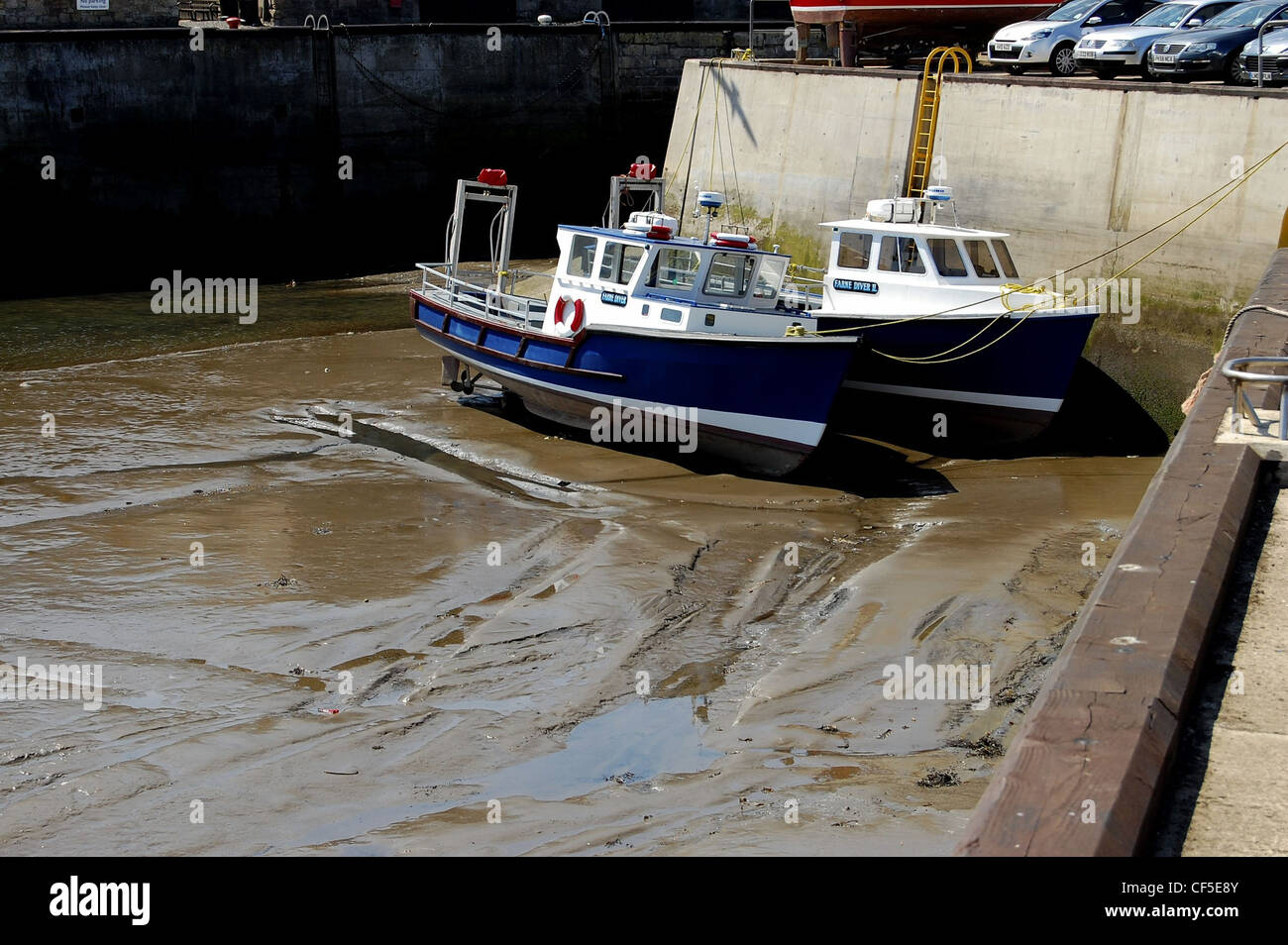 Tour boats resting on bottom of Seahouses Harbour, Northumberland at ...