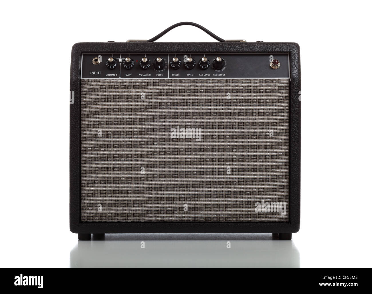 A guitar amplifier on a white background with various controls, and ...