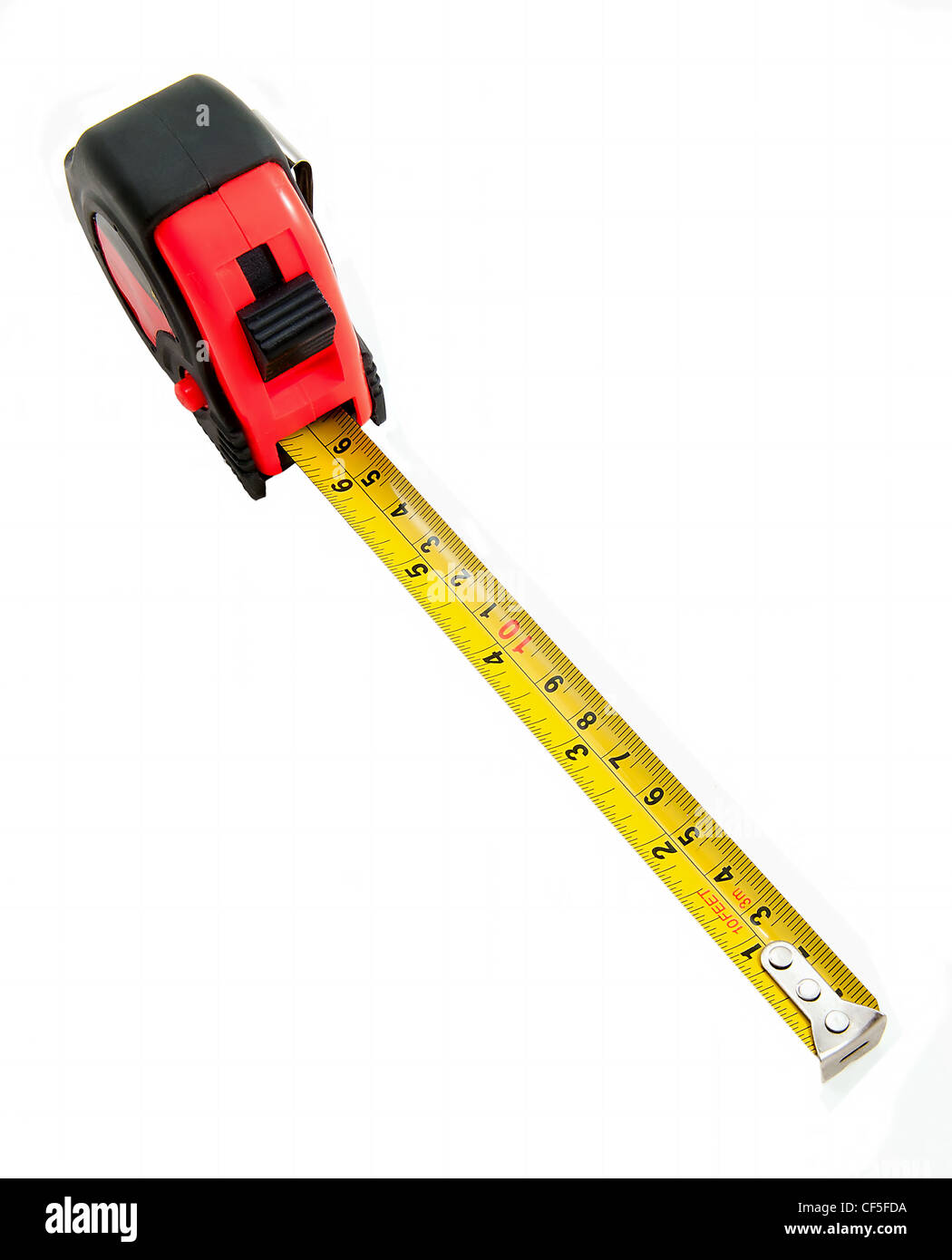 Red tape measure with yellow ruler on white Stock Photo - Alamy