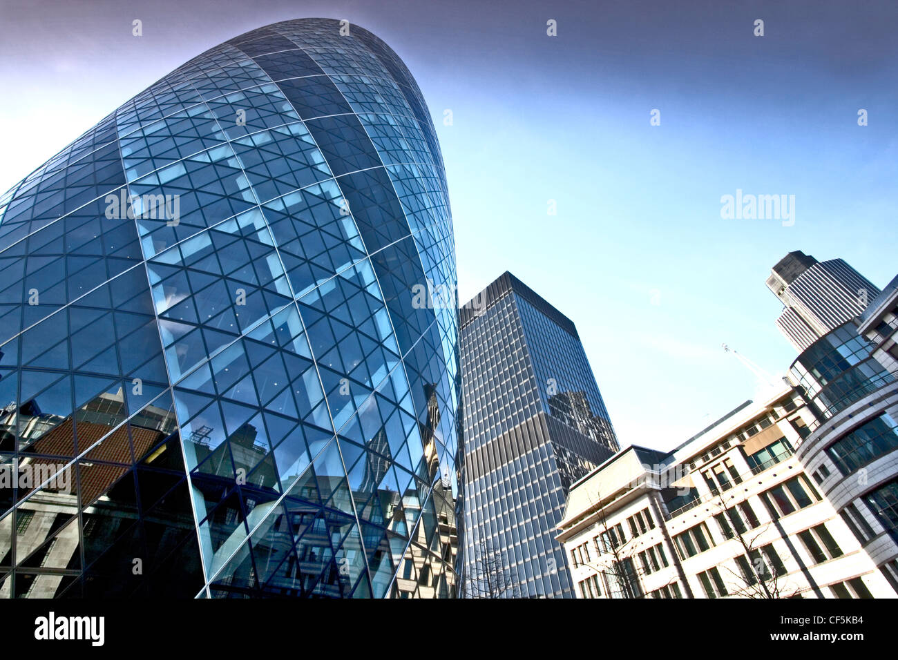 View of 30 St Mary Axe building. Infamously known as 'the Gherkin' due ...