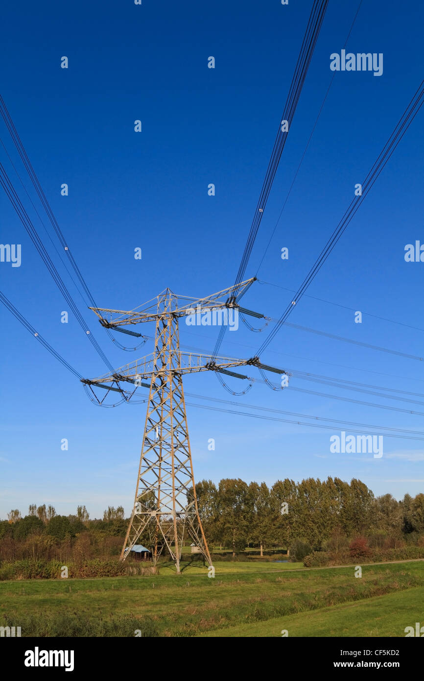 Electricity pylon in perspective against a deep blue sky standing in a ...