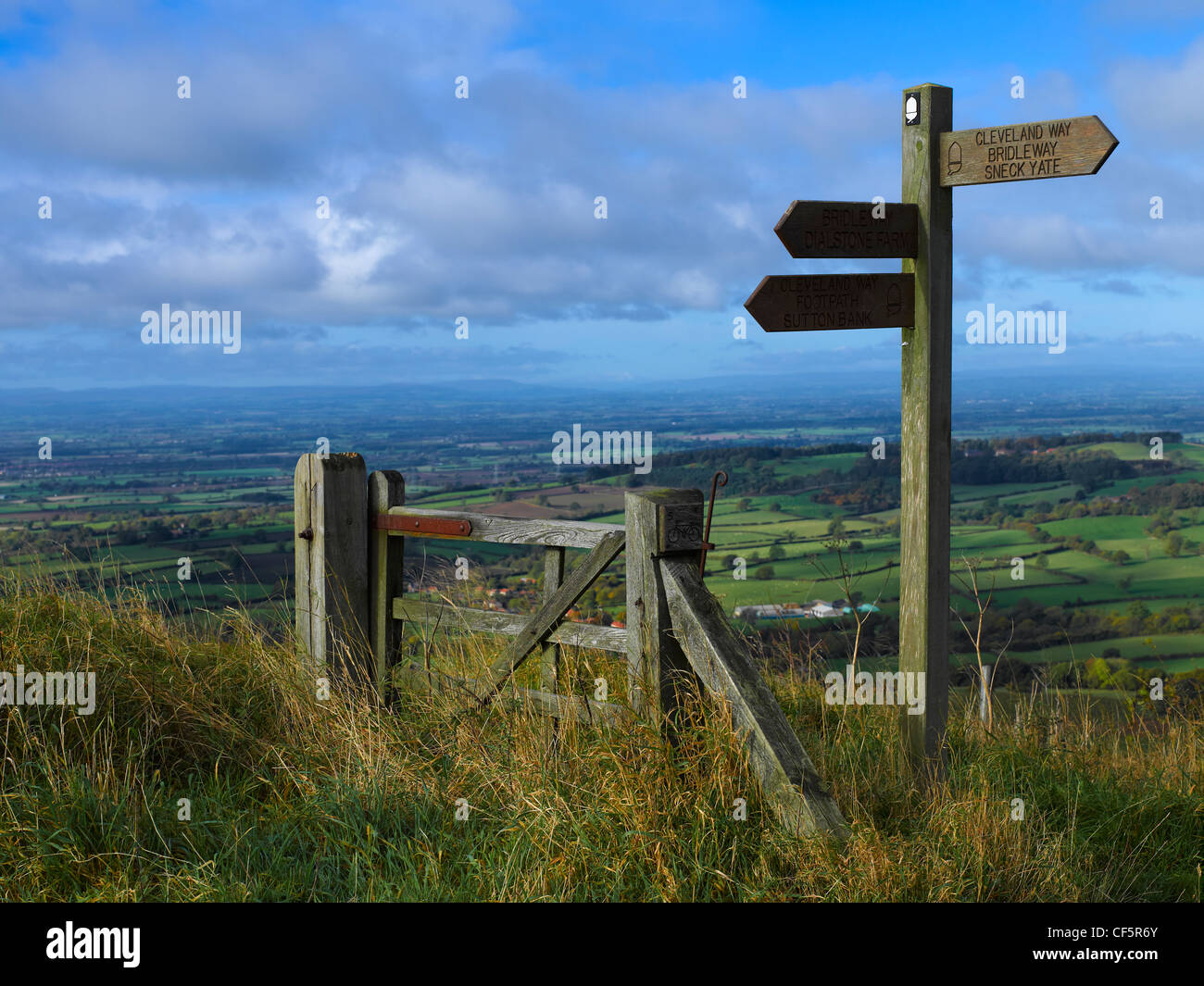 Signpost and gate on the Cleveland Way above Sutton Bank in the North ...