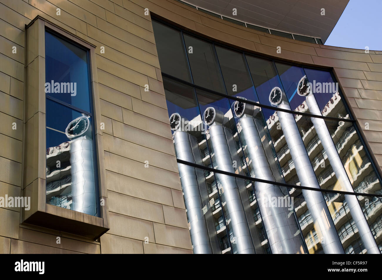 Reflections of the Colston Tower in the windows of the new Colston Hall ...