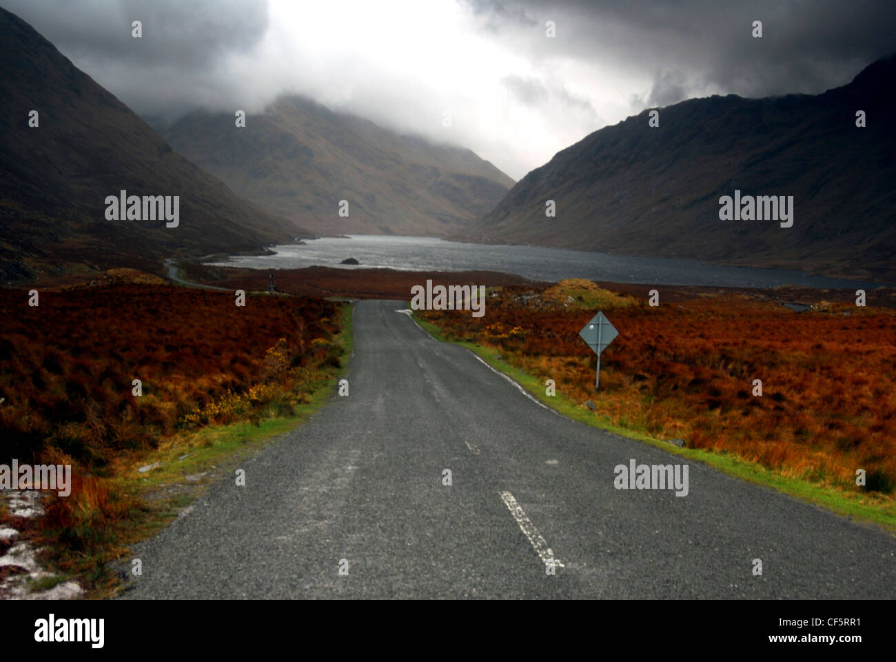 View along a road running through the Partry Mountains in County Mayo ...