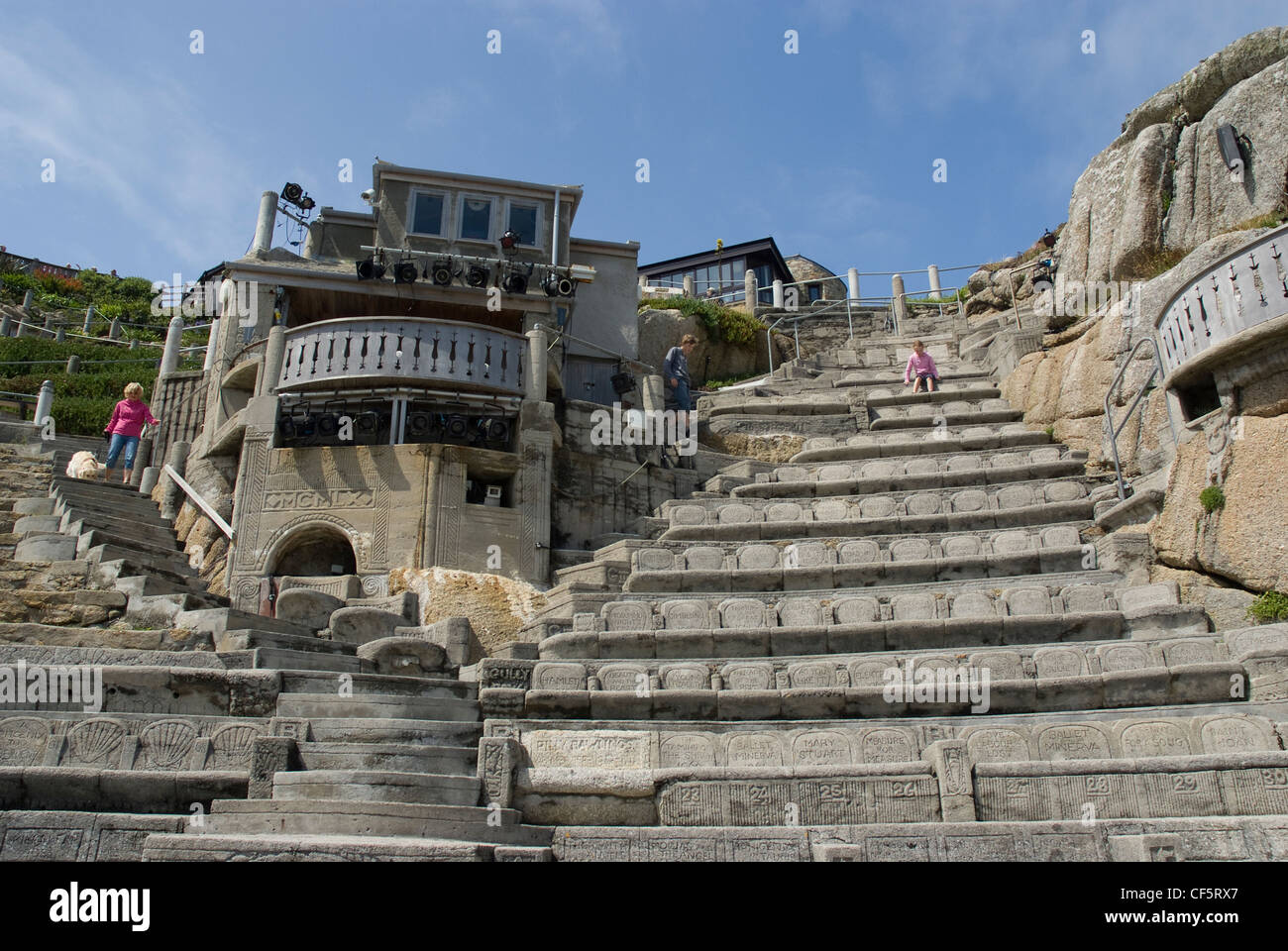 View from the stage towards the audience seating at the Minack Theatre ...