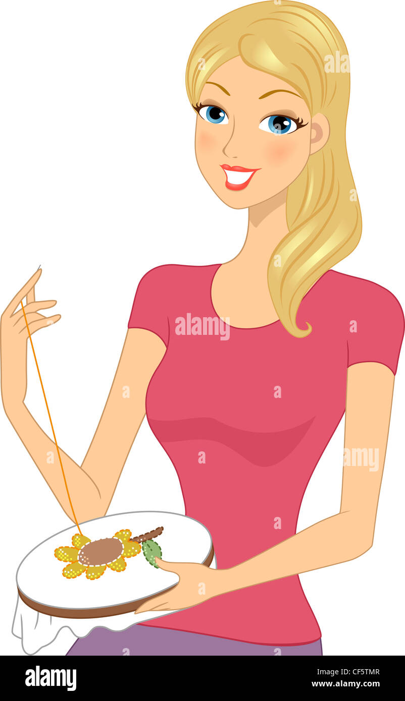 Illustration of a Girl Cross Stitching Stock Photo - Alamy