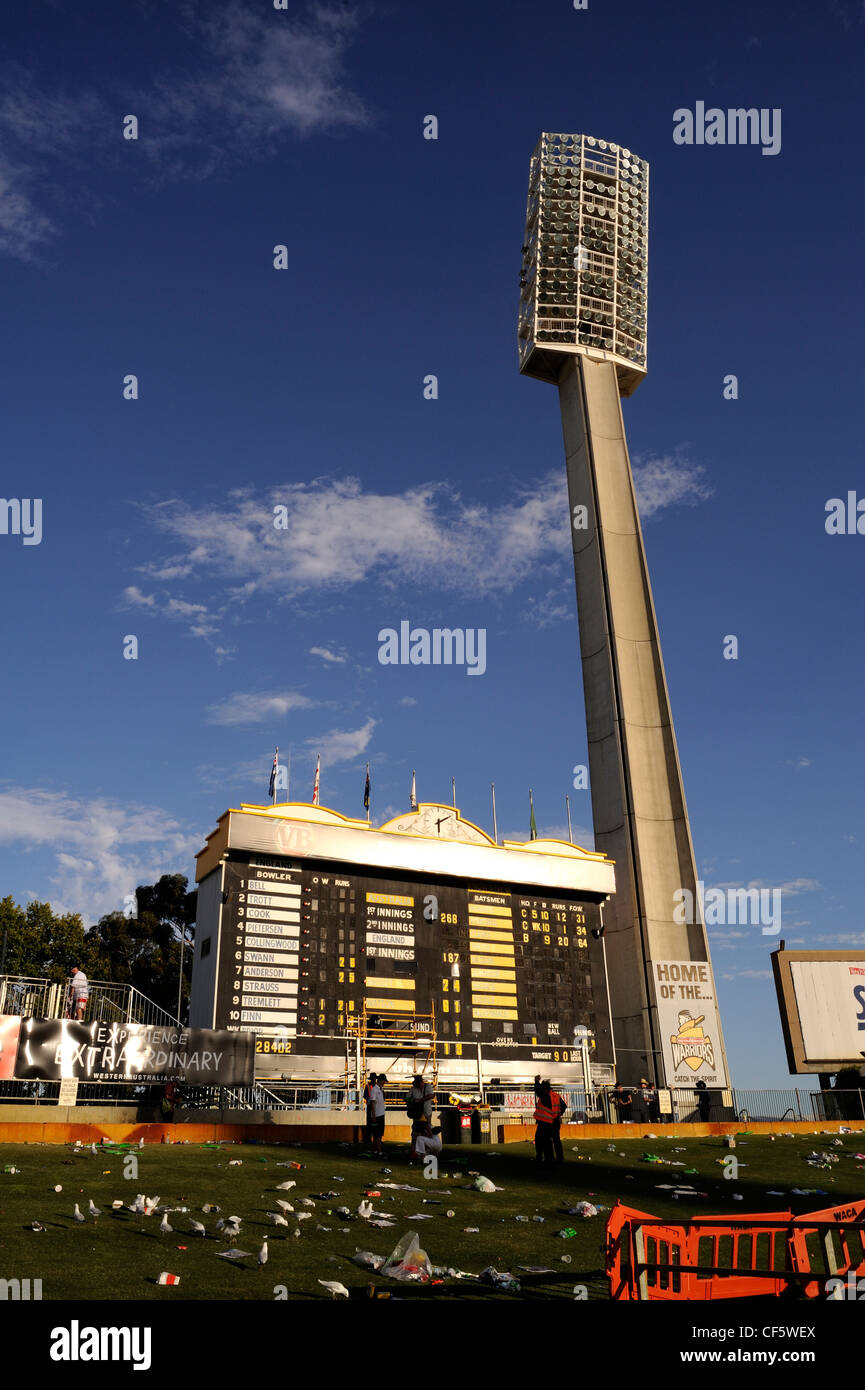 Scoreboard and light tower at close of play. WACA ground, Perth ...
