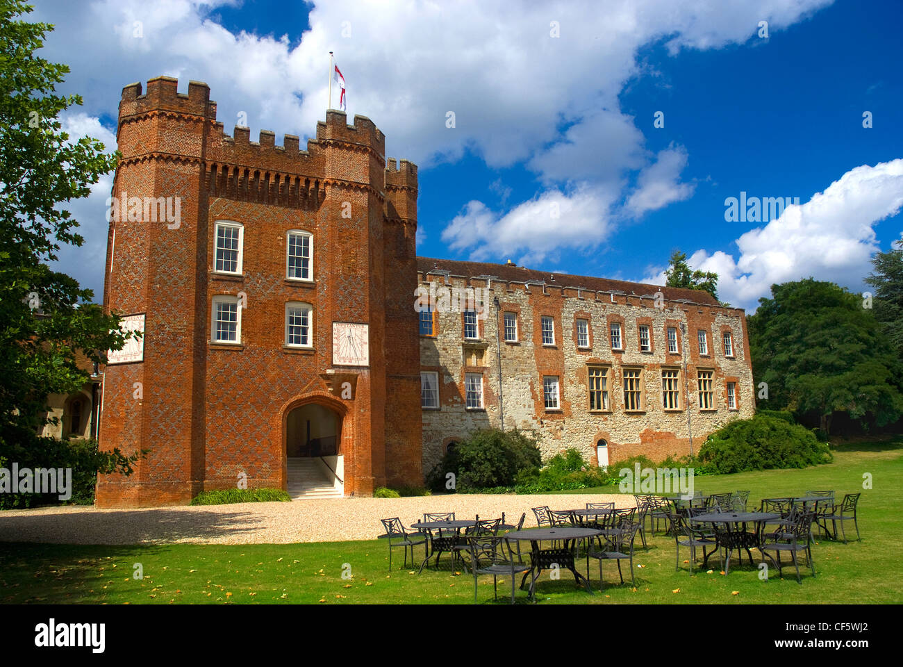 Tables on the lawn outside Waynflete's Tower, also known as Fox's Tower ...