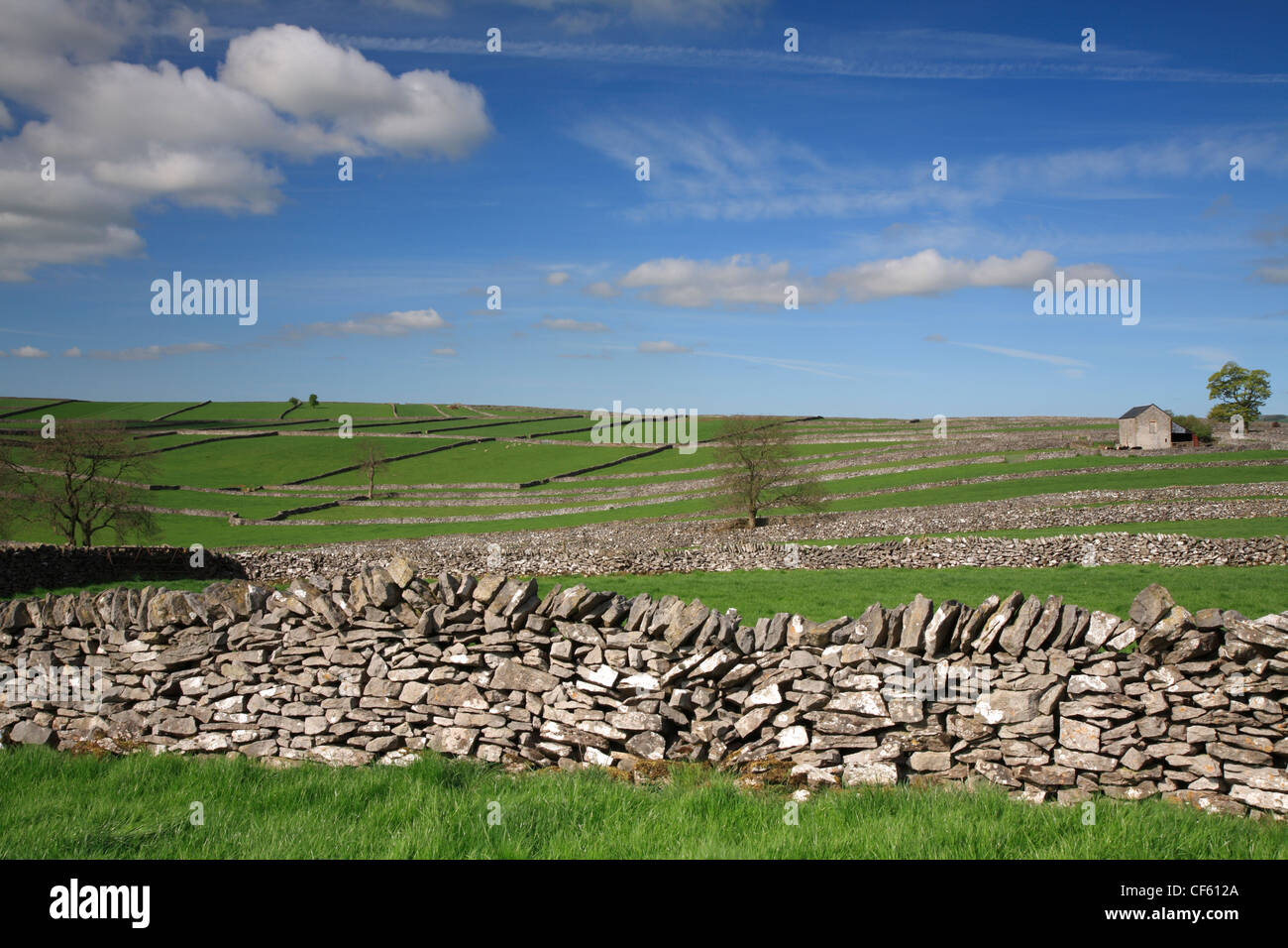 Field enclosures and barn at Litton in the Peak District National Park ...