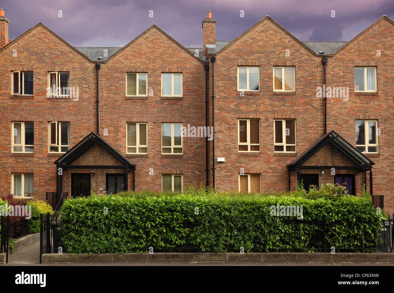 small three-story house stands beside road. windows, high green bushes ...