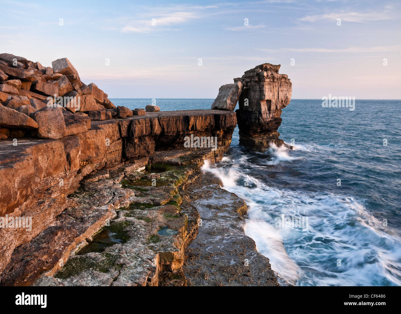 Pulpit Rock on Portland Bill. The rock was left when quarrymen cut away ...