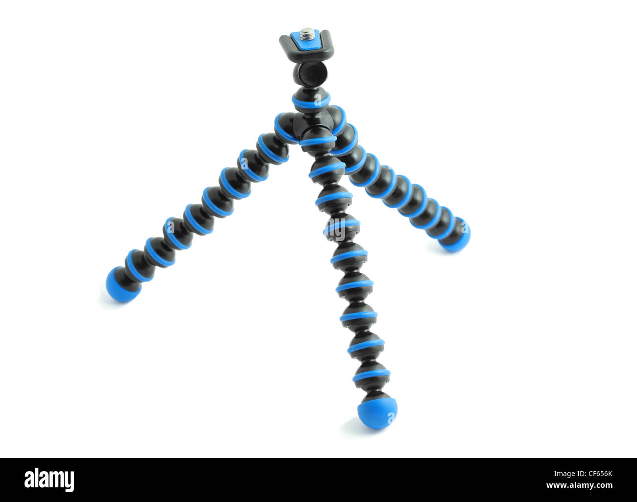 Close-up view of mini flexible black-blue tripod isolated on white ...