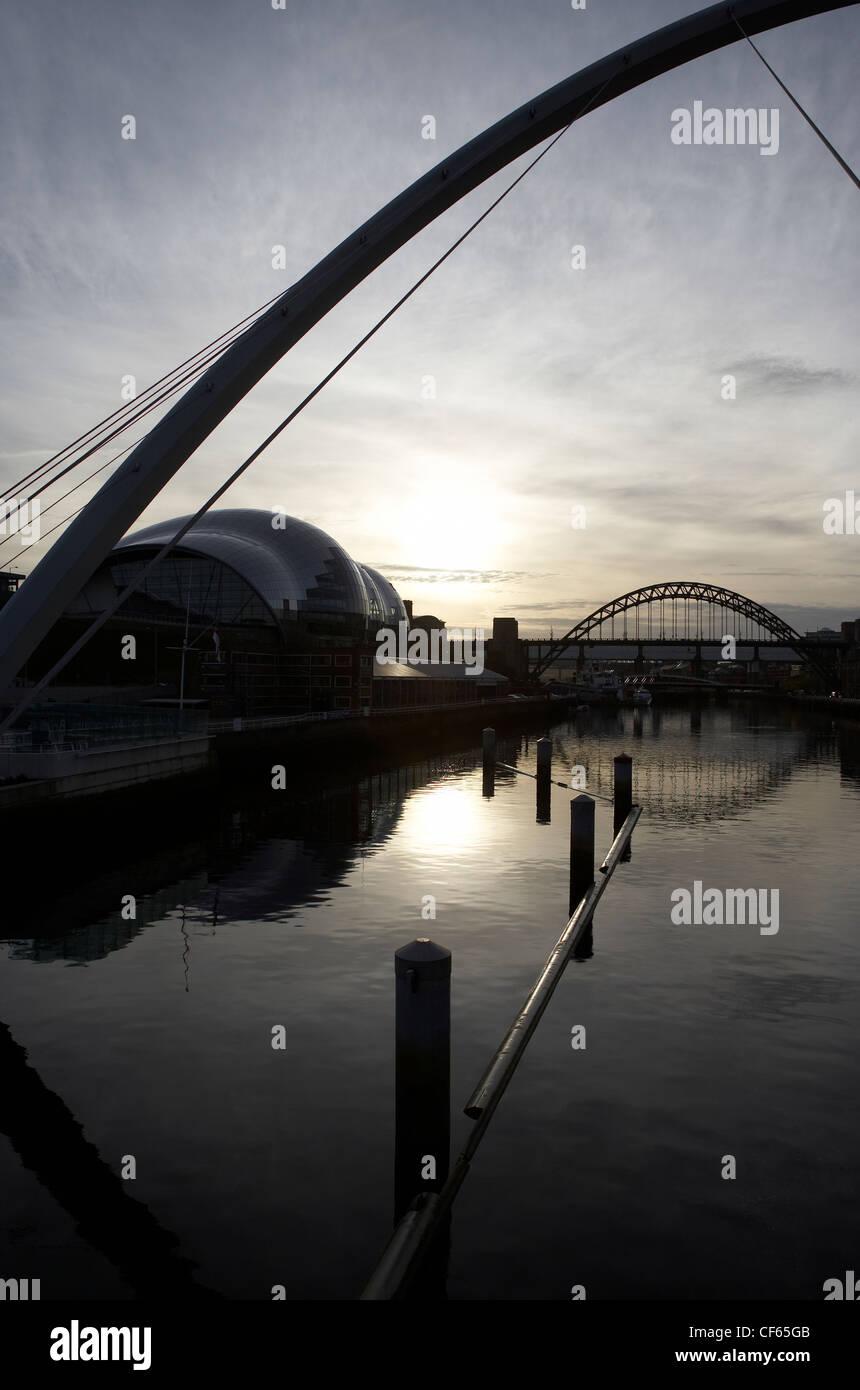 Millennium and Tyne Bridges and Sage Building at sunset. Designed by ...