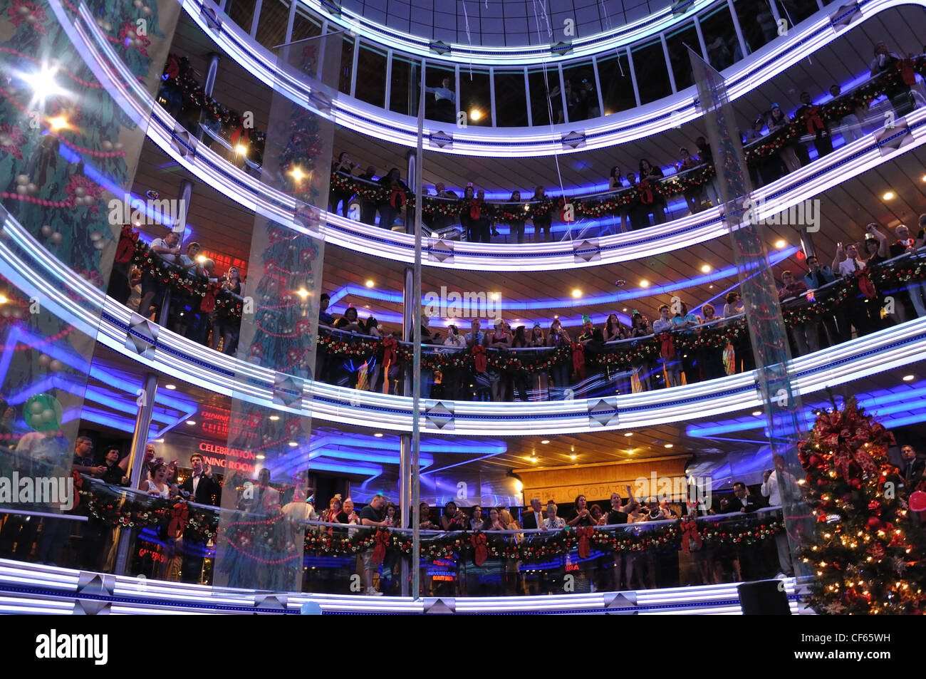 Cruise ship New Year's Eve celebration party in the main lobby hall ...