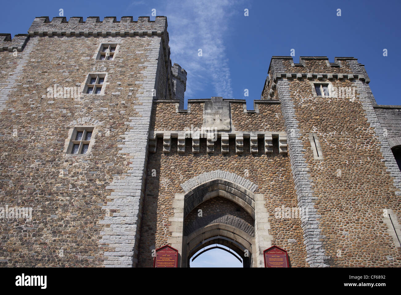 A view up at the main gate of Cardiff Castle. The castle is a blend of ...