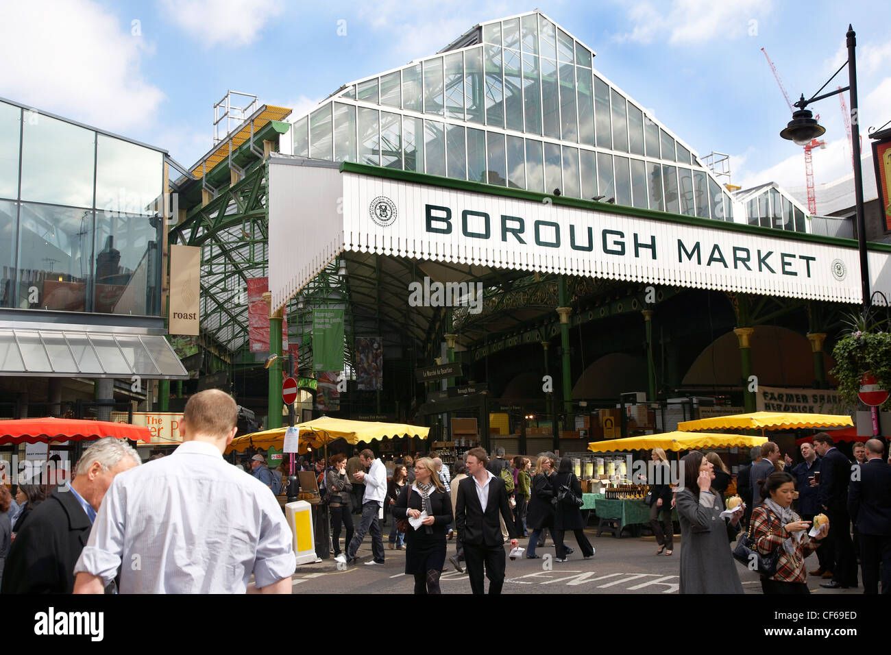 Looking up at the glass roof and sign over the entrance to Borough ...