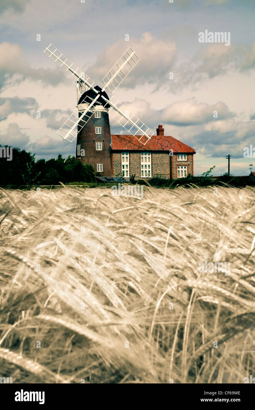 A view toward Weybourne Windmill. The five-storey red brick tower mill ...