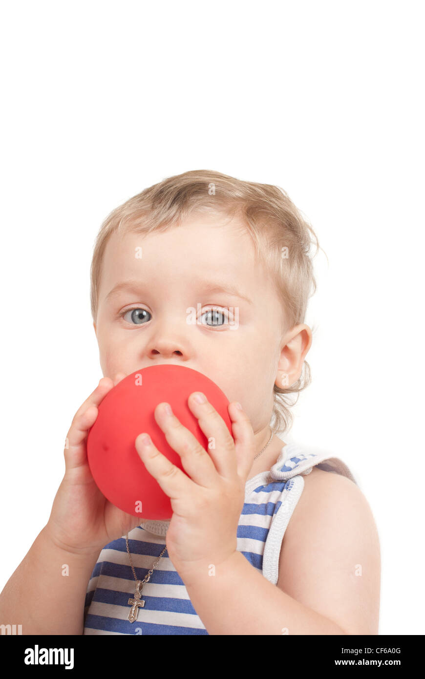 Small baby boy with a ball isolated on white Stock Photo - Alamy