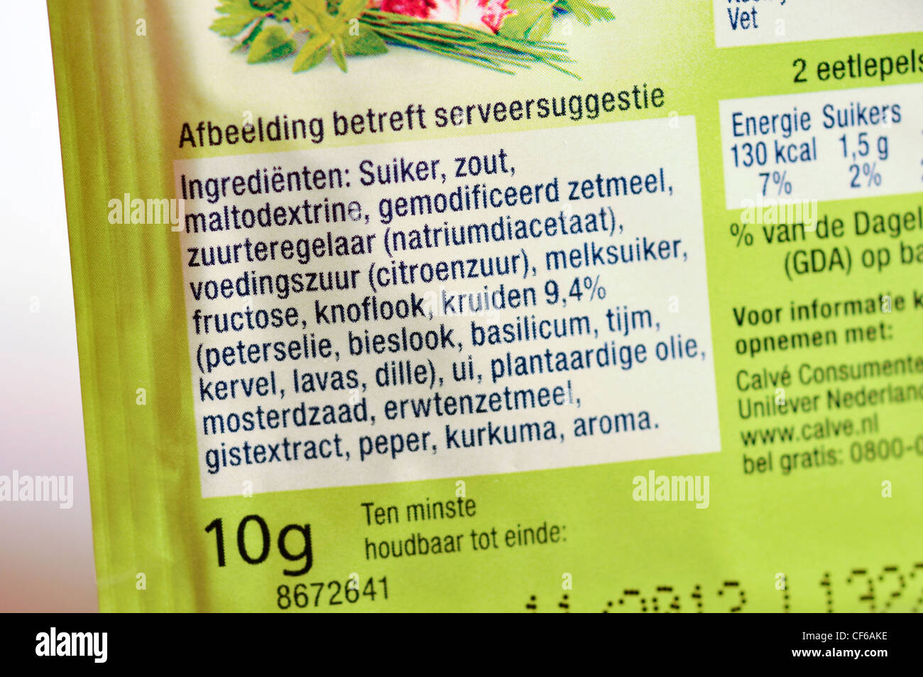 Ingredients list in Dutch Stock Photo - Alamy