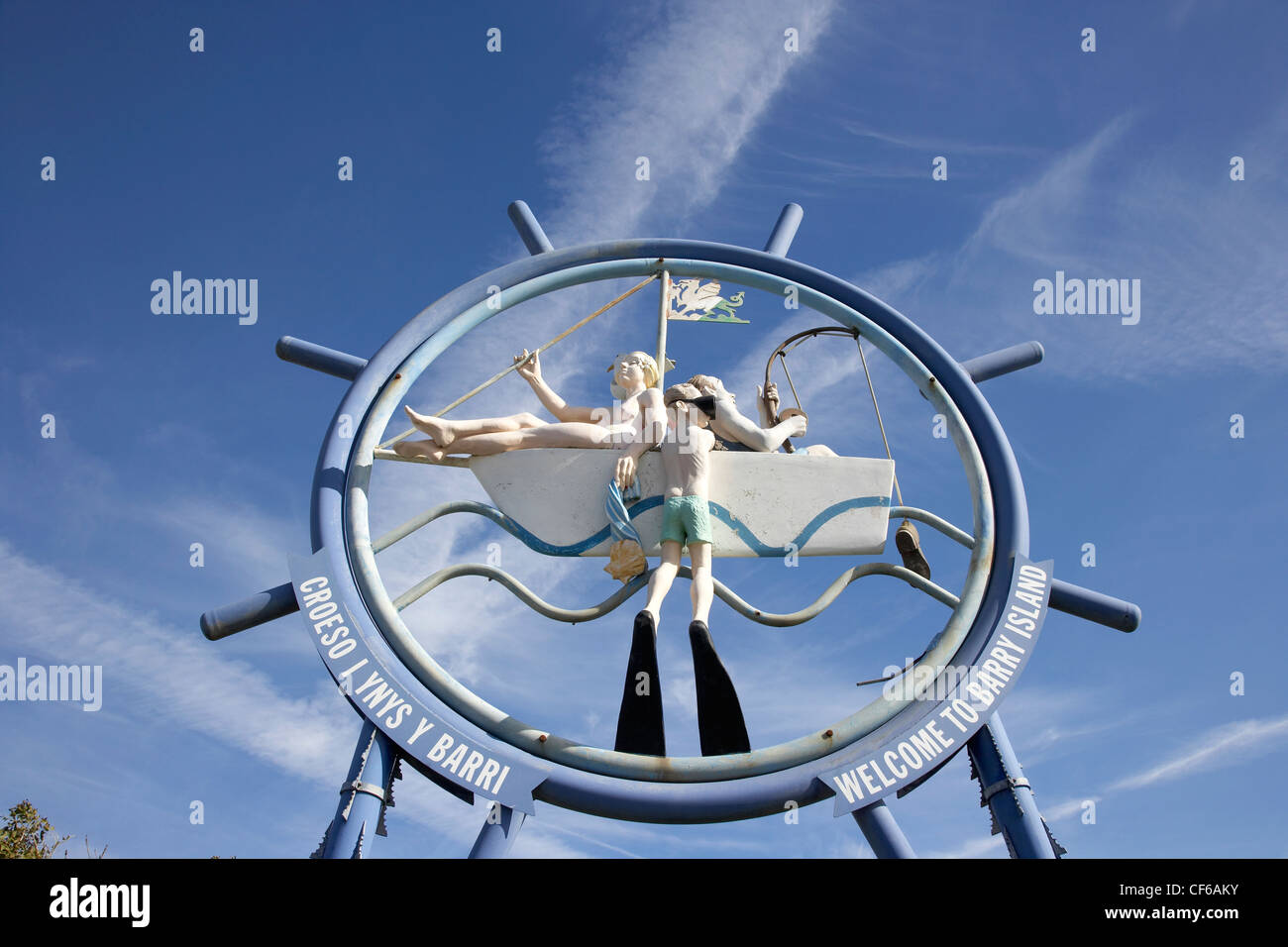 A close up of the ship wheel welcome sign to Barry Island in Glamorgan ...