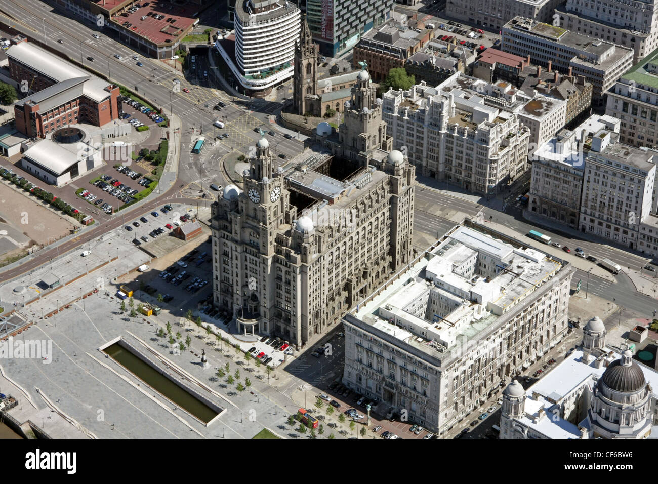 aerial view of Liverpool waterfront with Cunard Building and the taller ...