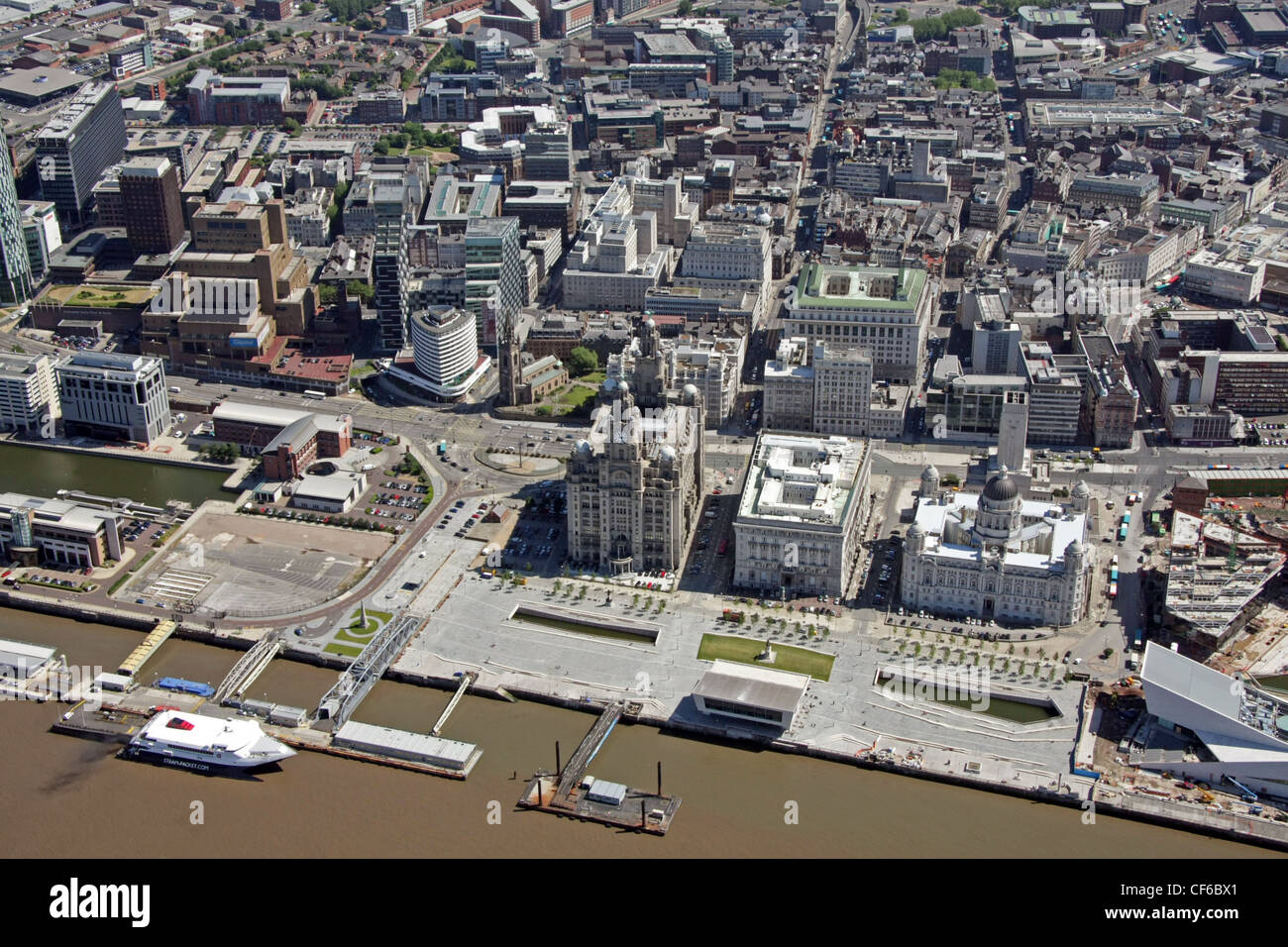 aerial view of Liverpool waterfront with Cunard Building and the taller ...