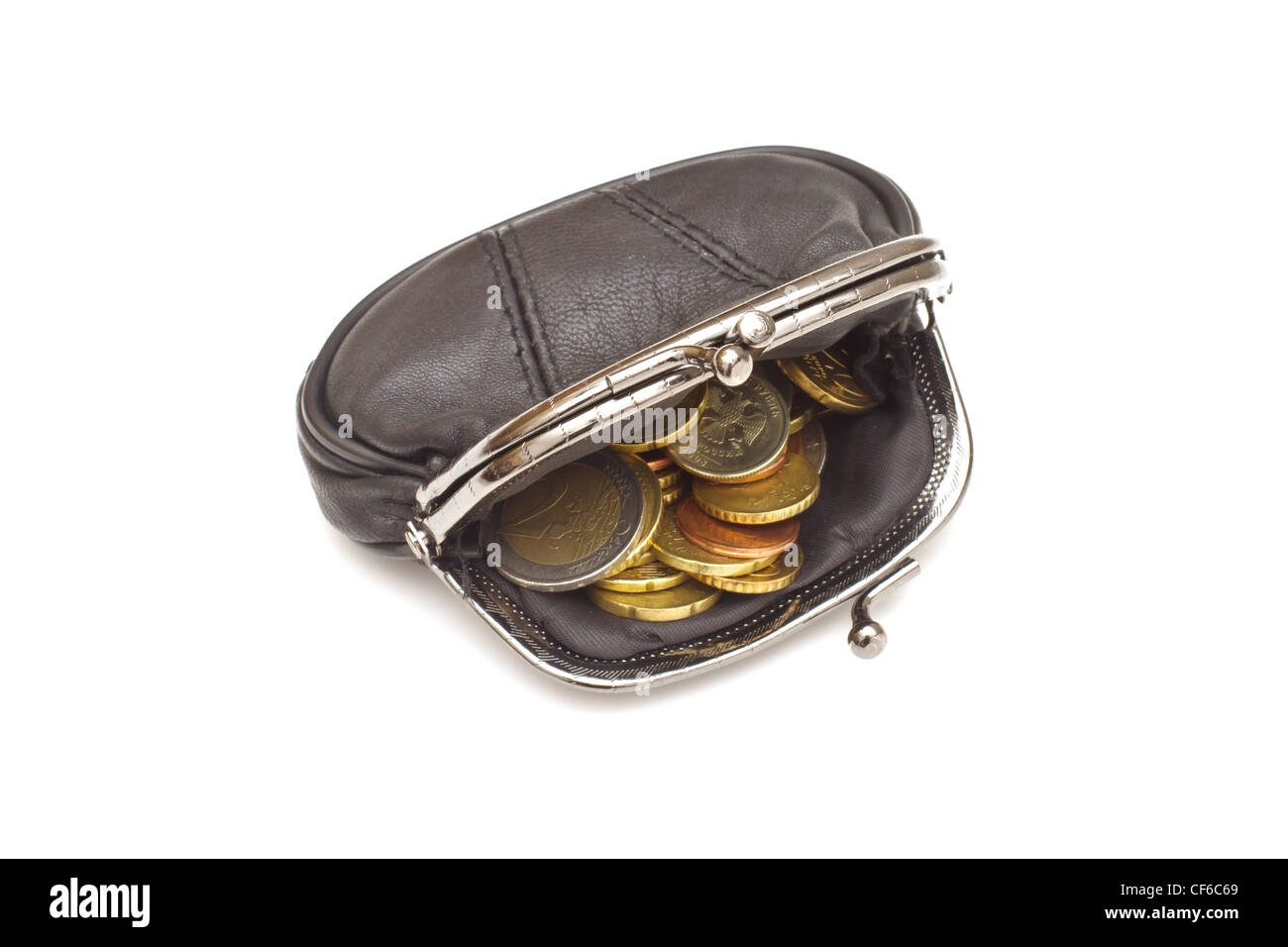 Black leather purse and several euro coins on white background Stock ...