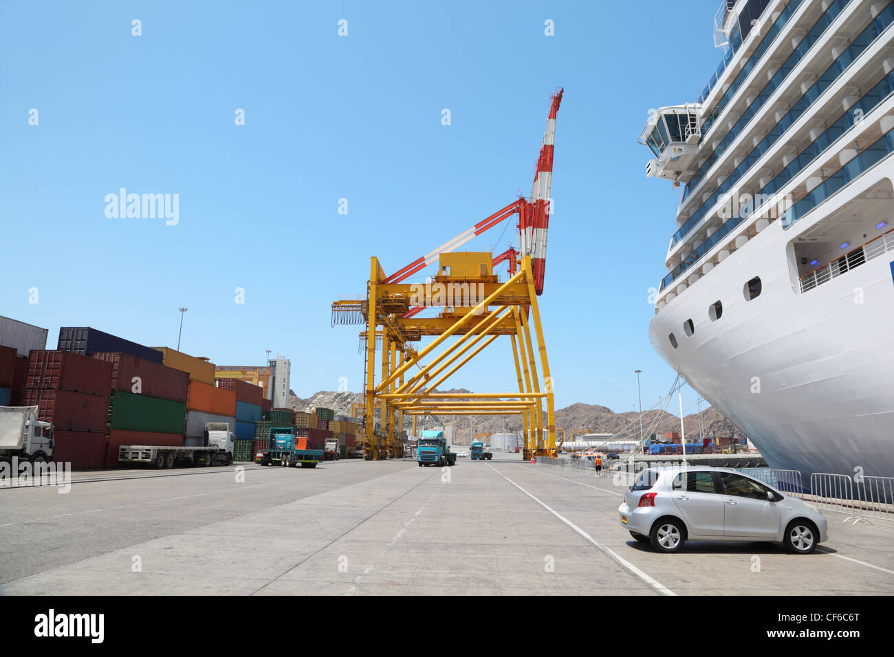 QUABOOS PORT, MUSCAT - APRIL, 13: big cruise ship in port, cargos and ...