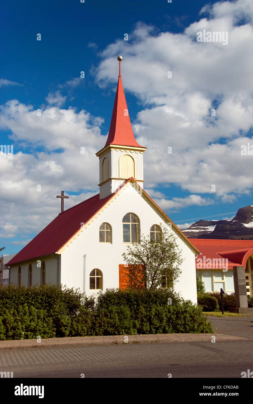 Faskrudsfjordur colored church in the country of Iceland Stock Photo ...