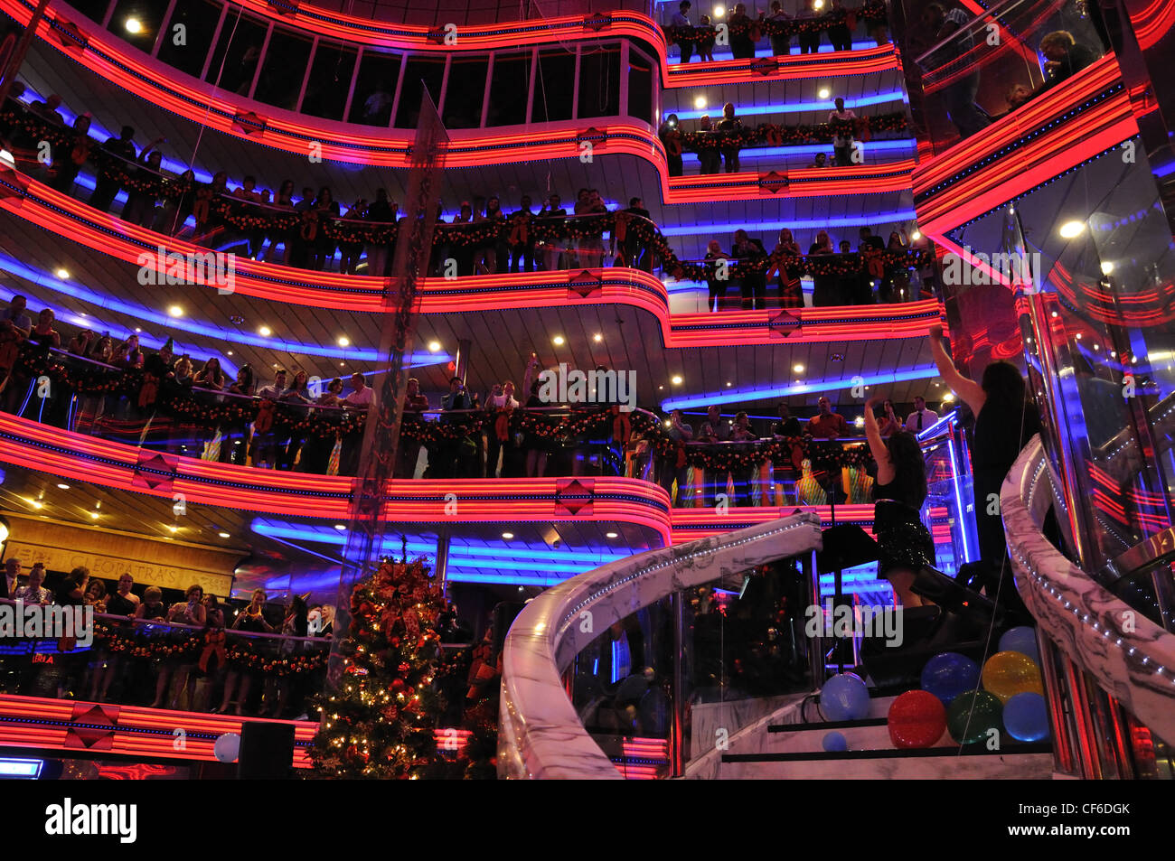 Cruise ship New Year's Eve celebration party in the main lobby hall ...