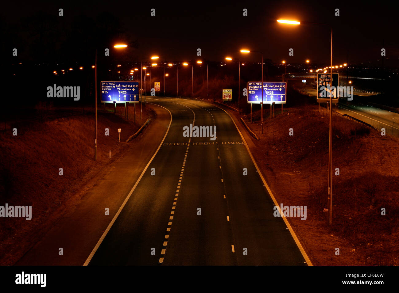The M1 motorway at night. Opened in December 1959 from St Albans to ...