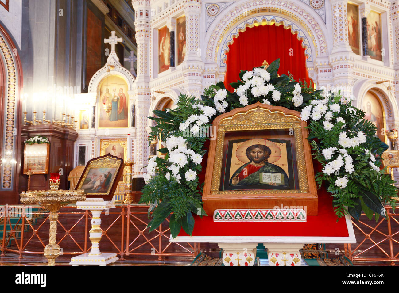 Icon surrounded by flowers near Altar inside Cathedral of Christ the ...