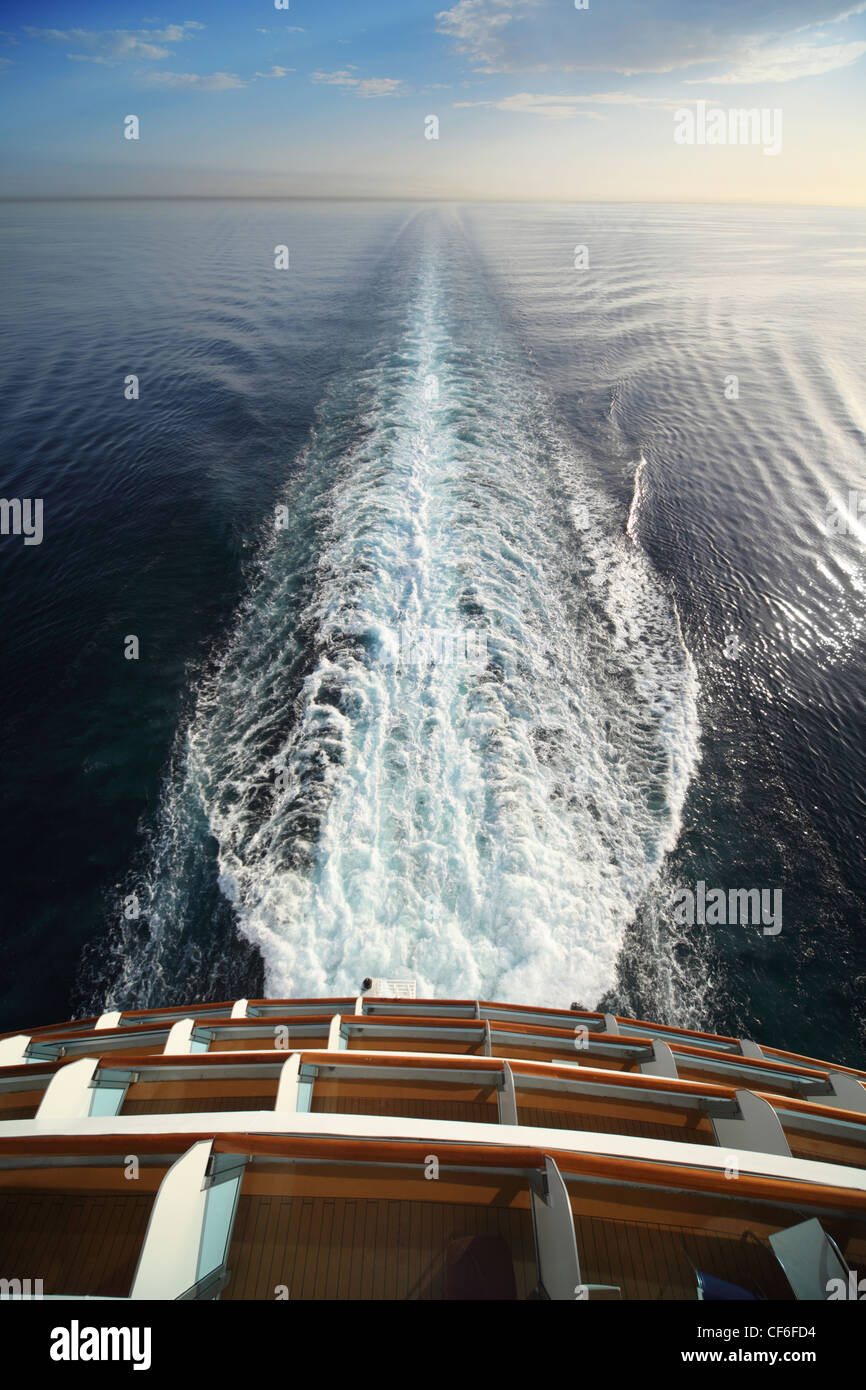 beautiful view from stern of big cruise ship. sea, skyline, splashes ...