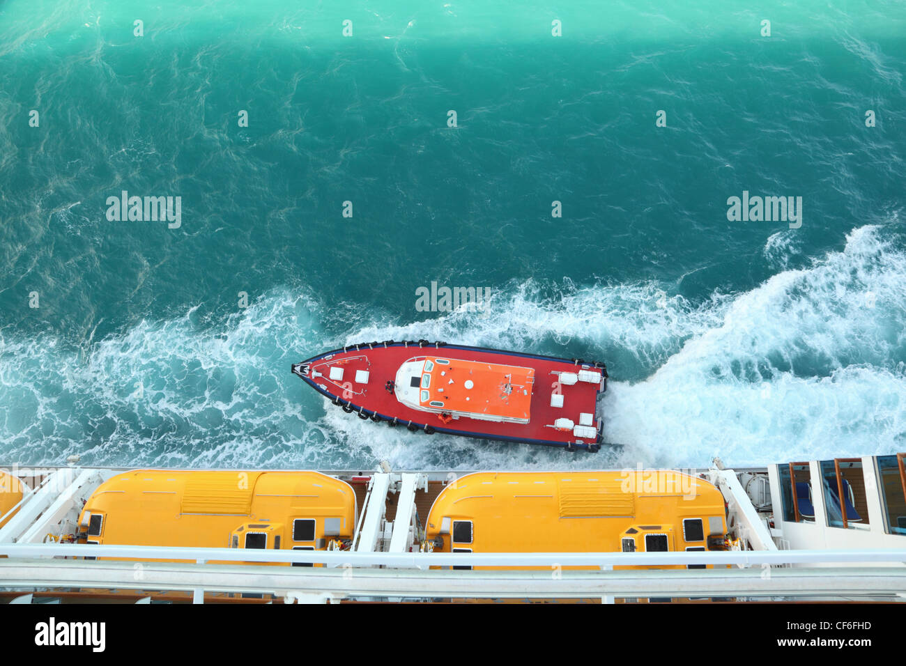 motor boat near cruise ship. view from deck of cruise ship Stock Photo ...