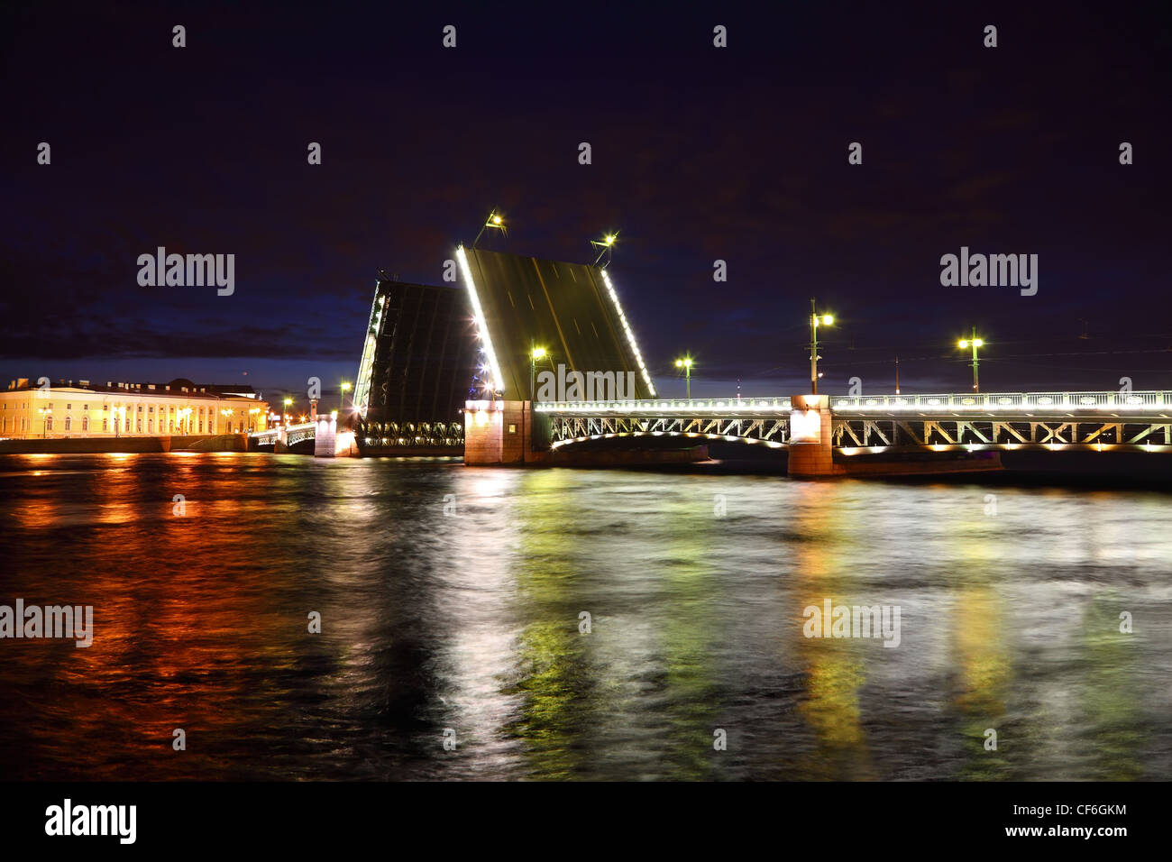 Palace Bridge drawbridge at night. Saint-Petersburg, Russia Stock Photo ...