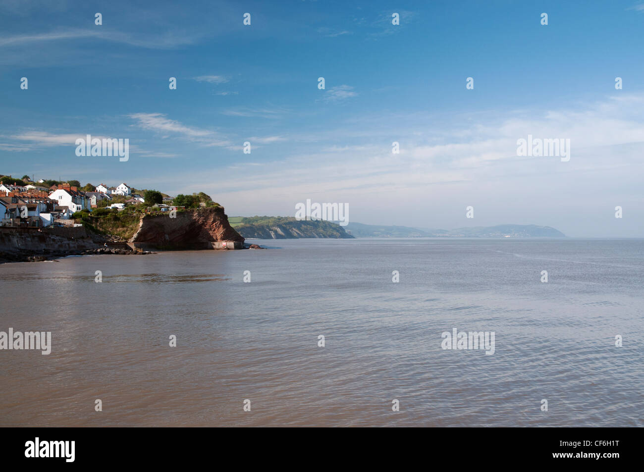 View of the seafront and cliffs and open water at Watchet, Somerset ...
