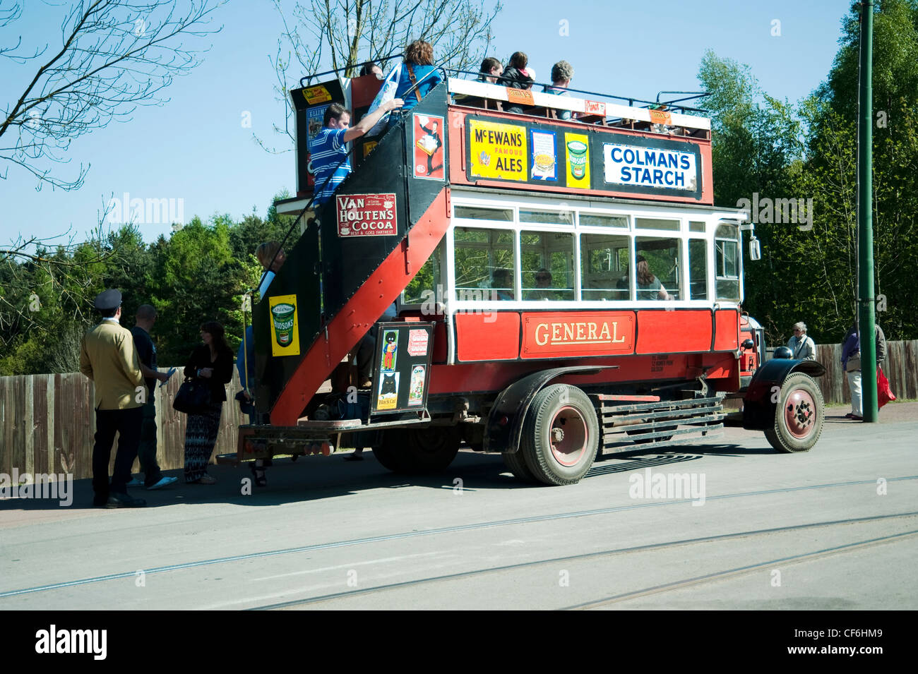 old fashioned bus at beamish museam with people on bus Stock Photo - Alamy