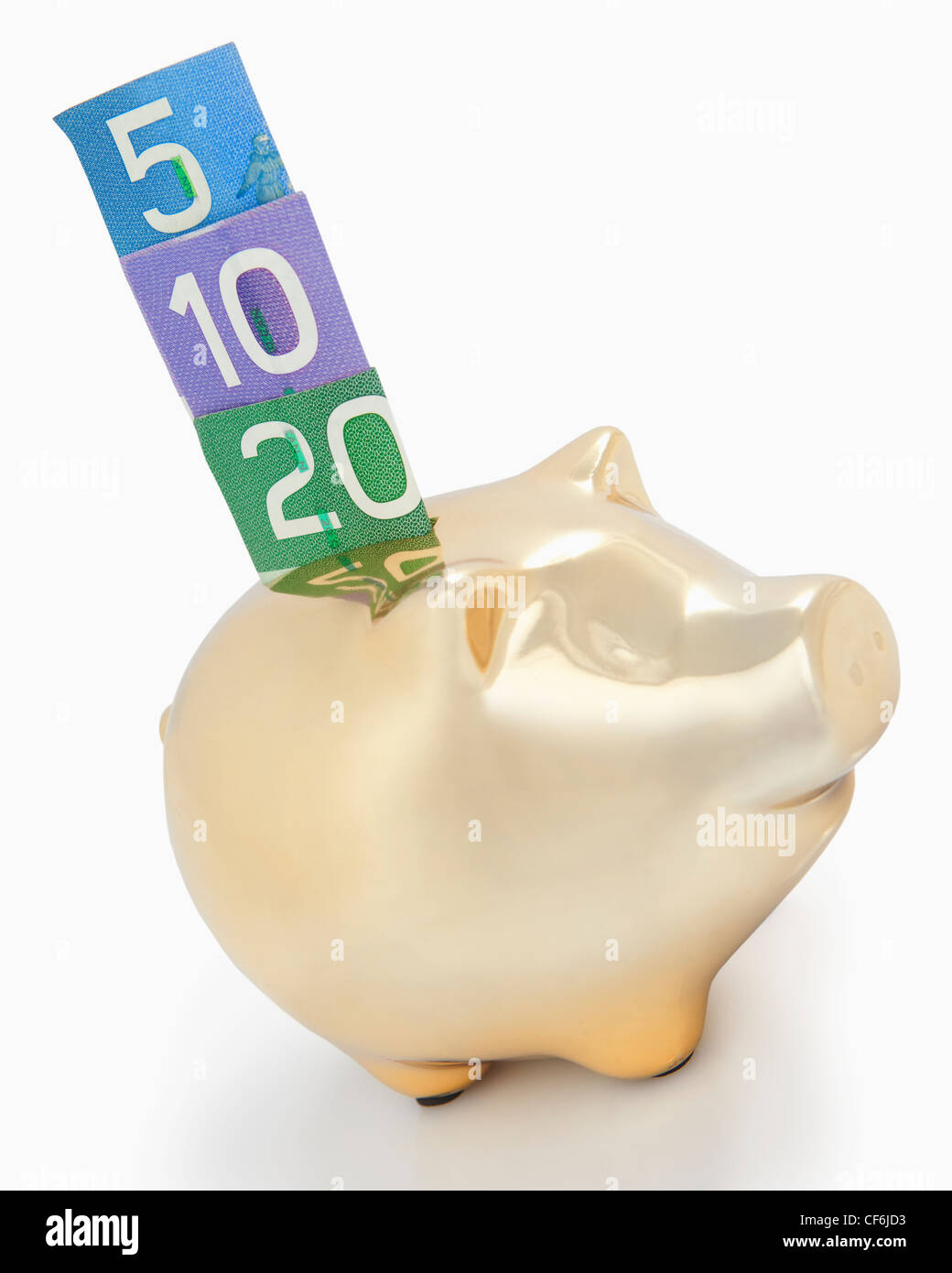 Canadian Dollar Bills Stuffed In The Slot Of A Piggy Bank; Edmonton ...