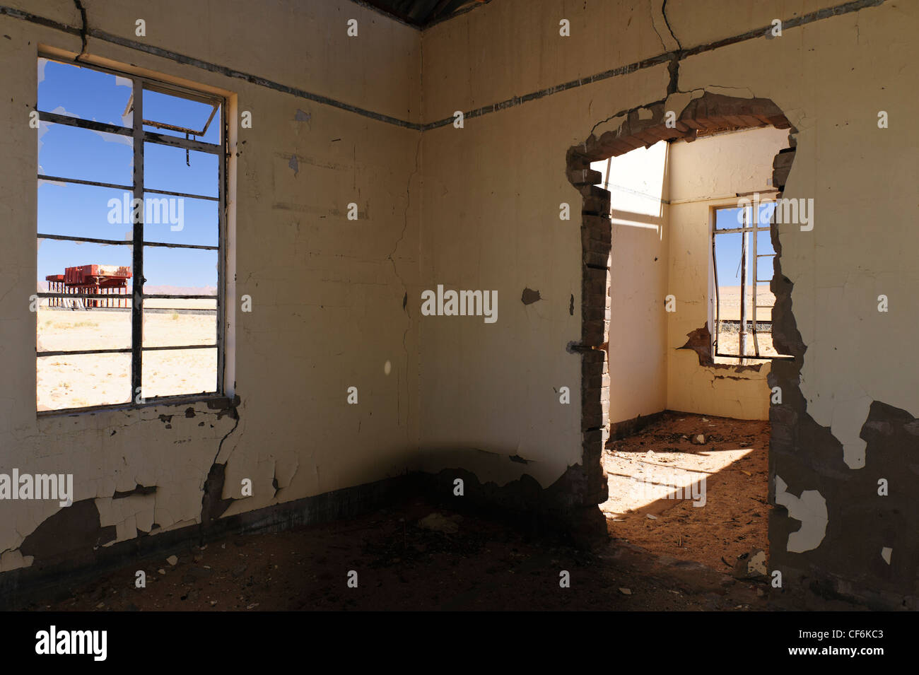 Interior of the old ruined Garub railway station. Southern Namibia ...