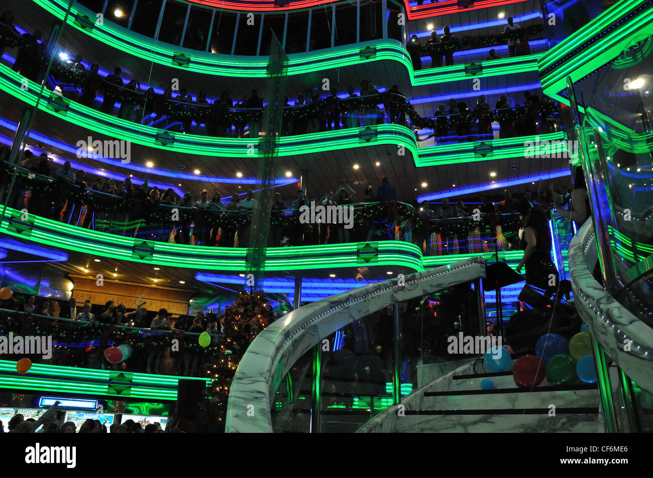 Cruise ship New Year's Eve celebration party in the main lobby hall ...