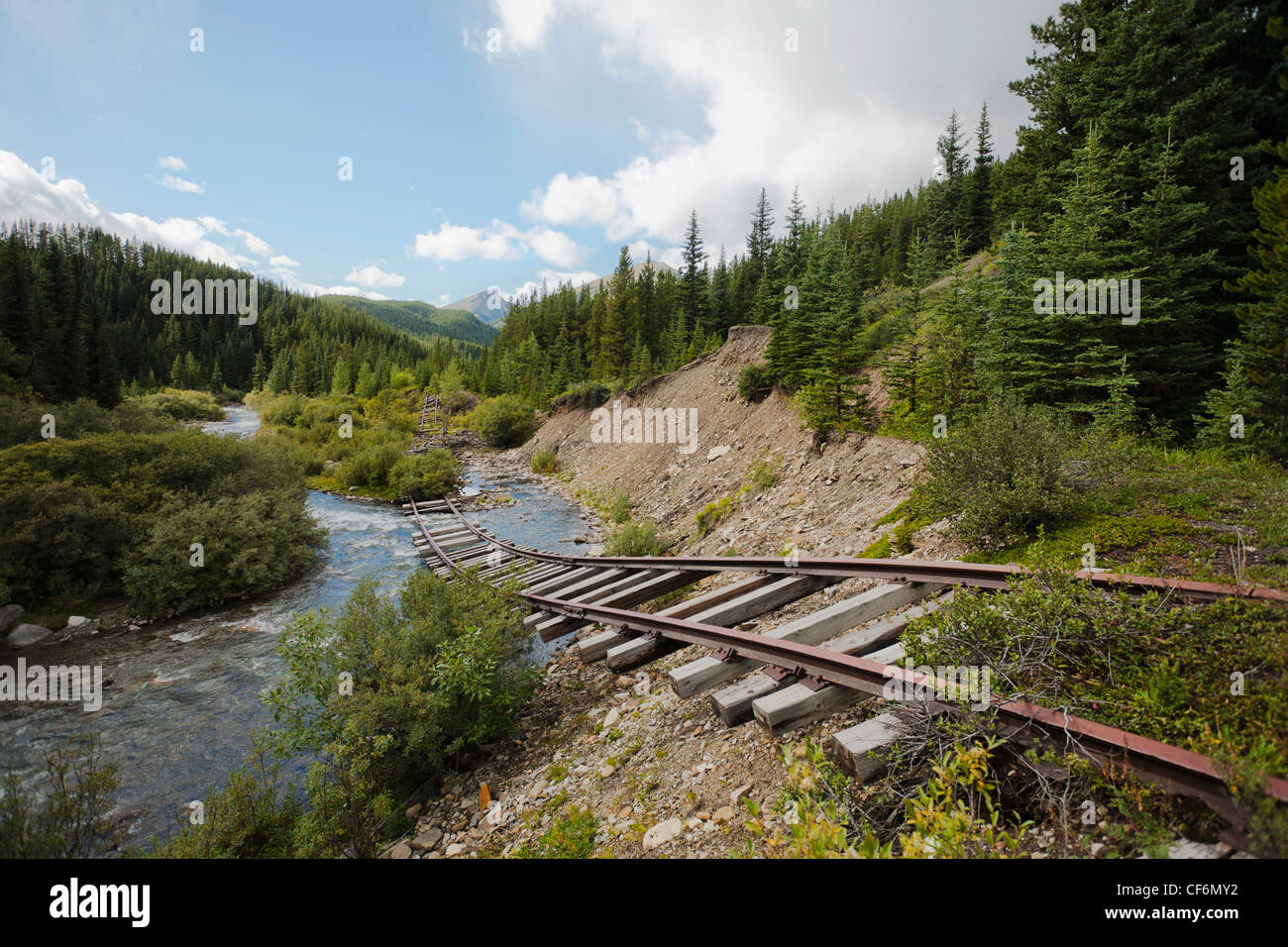 Old Railway Tracks Hanging Above A Creek; Cadomin Alberta Canada Stock ...