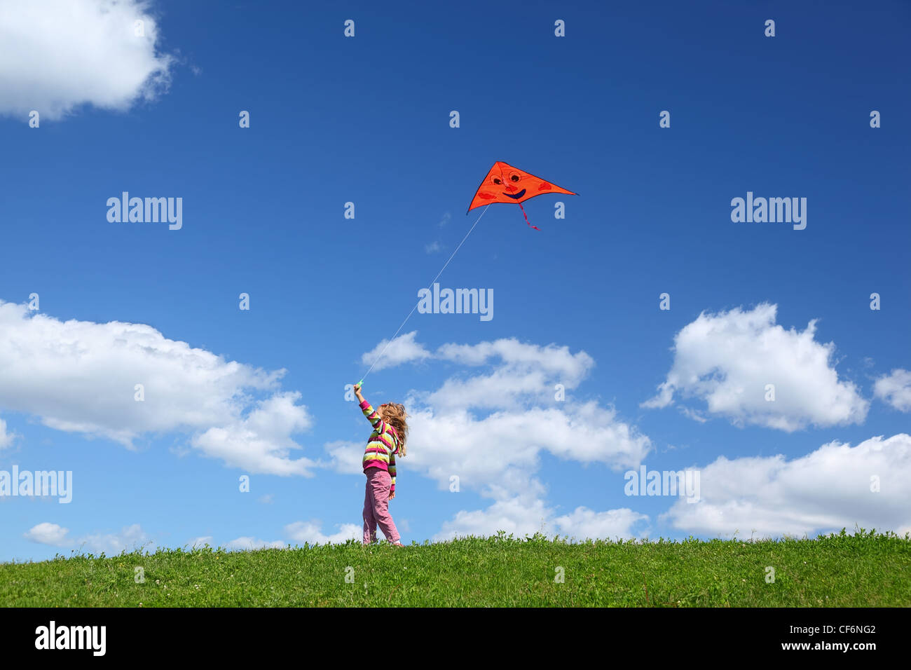 Little girl starts air serpent in sky in summer Stock Photo - Alamy