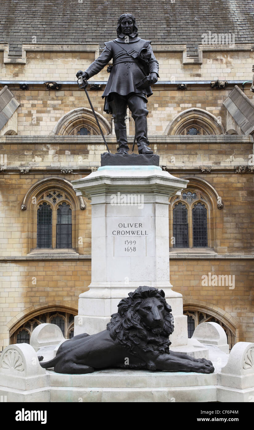 Statue of Oliver Cromwell at Westminster in London. Oliver Cromwell is ...